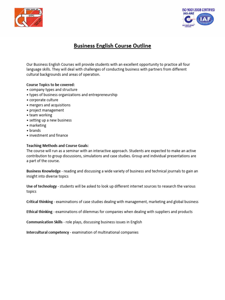 Business English Course Outline | PDF | Communication | Business