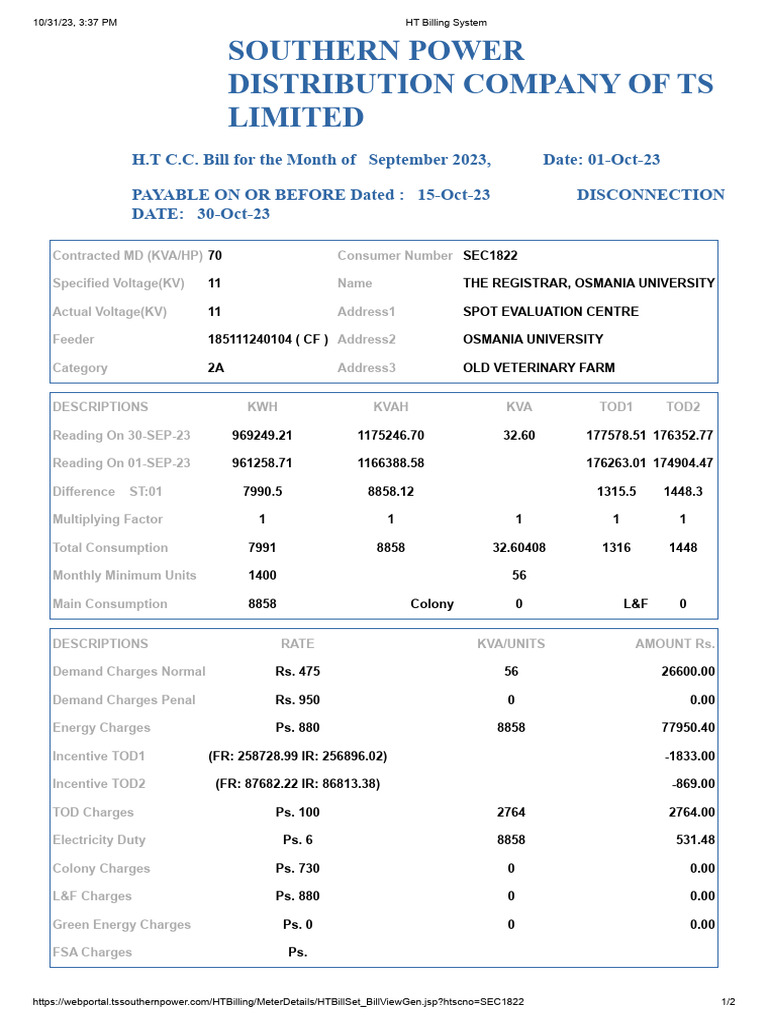 H.T Bills TSSPDCL September-2023, Sec-1822 | PDF | Physical Quantities ...
