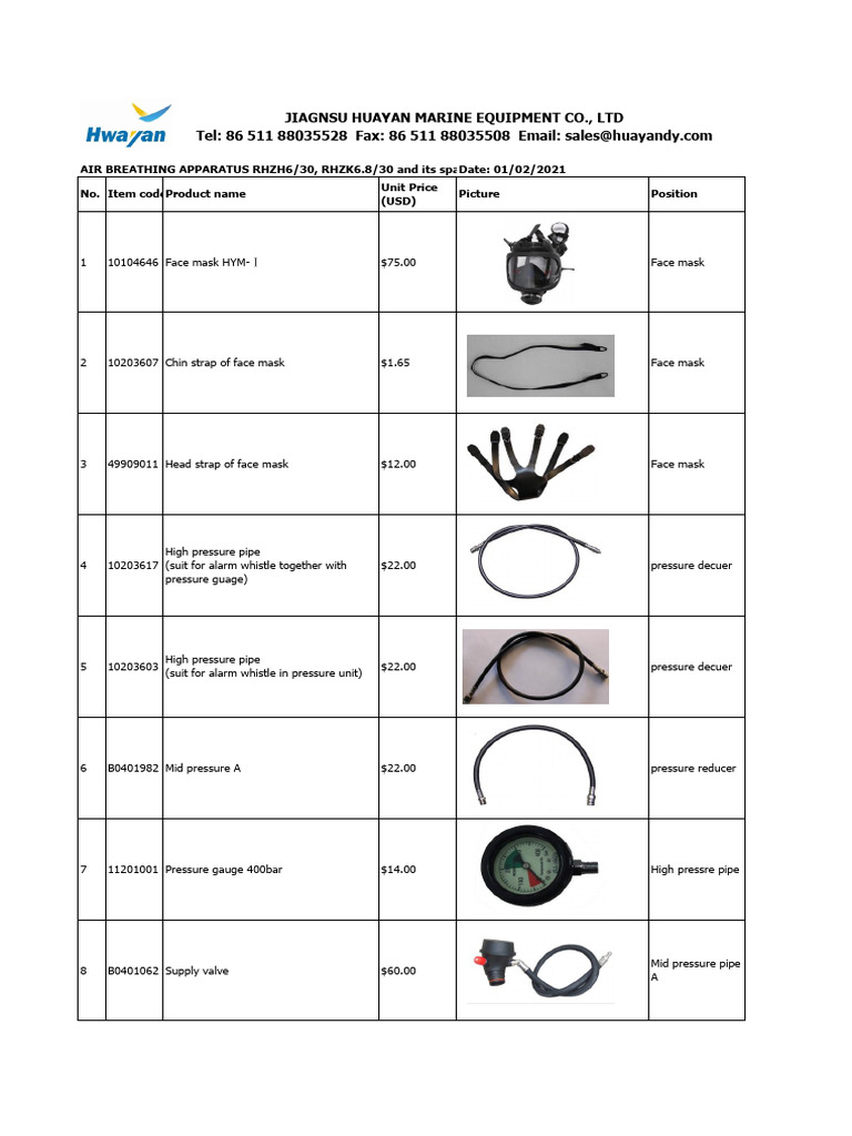 Spare Parts Quotation For Scba & Eebd - 2021.03.19 | PDF | Valve ...