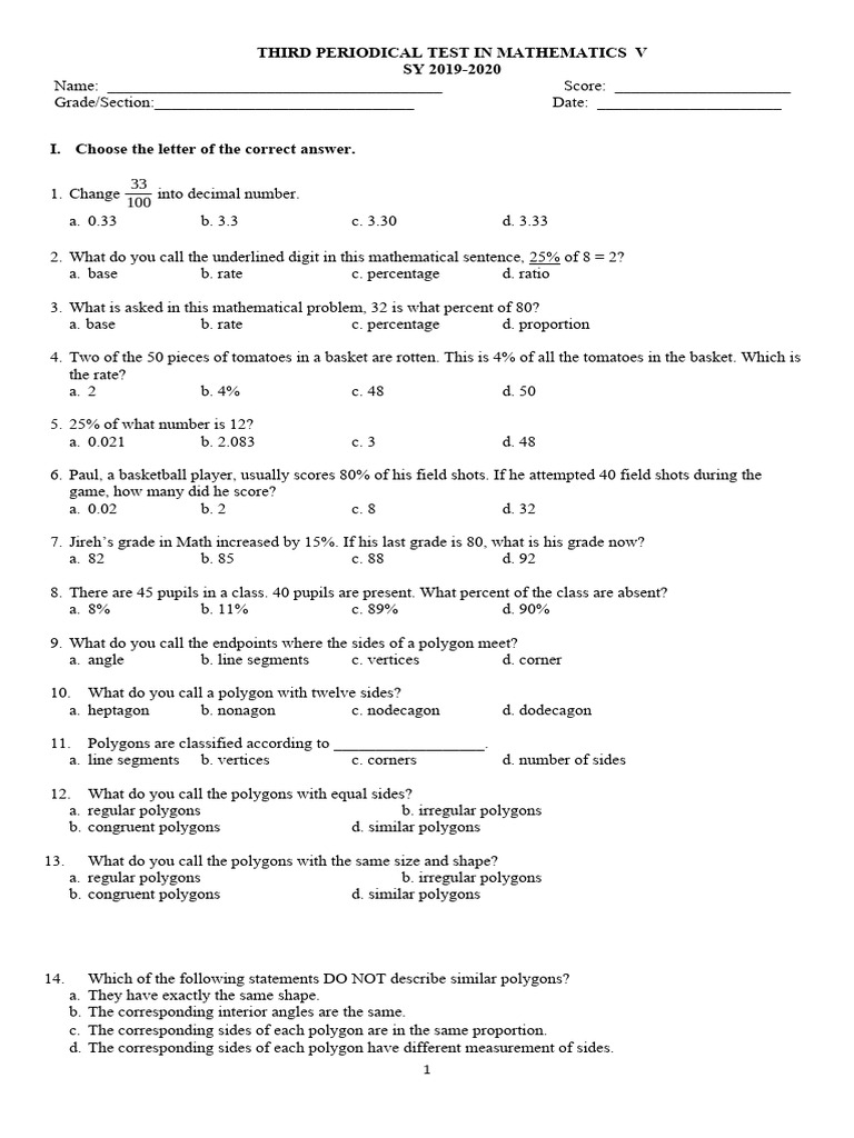 Math V Third Periodical Test 2019-2020 | PDF | Polygon | Shape