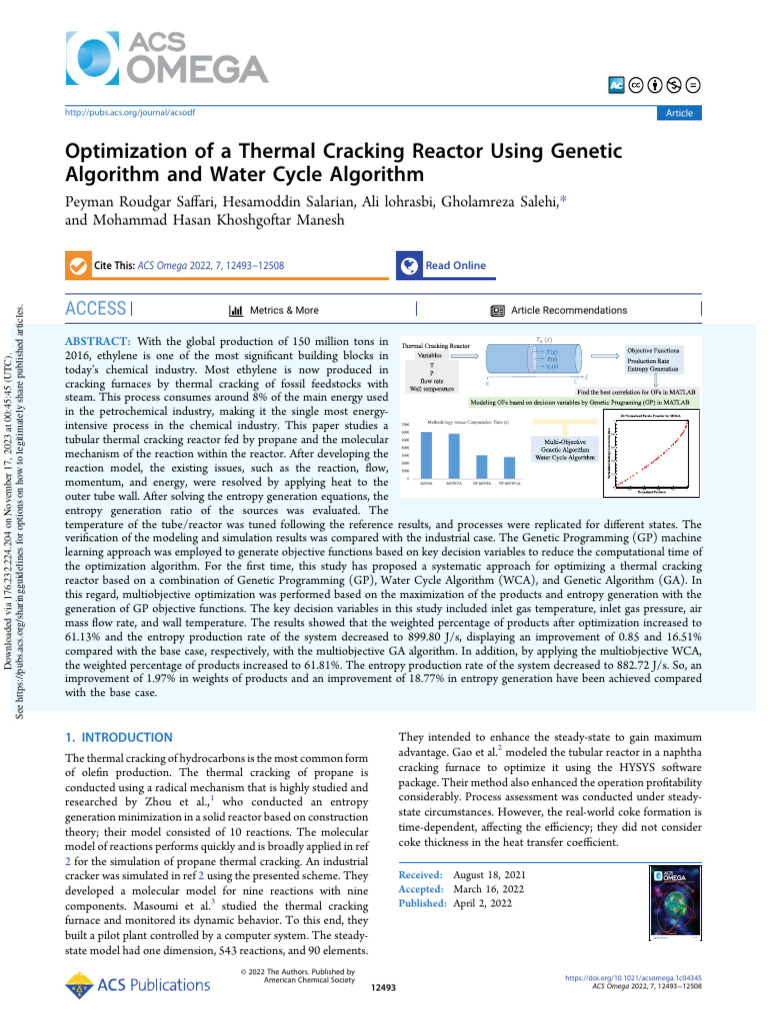 Salarian Et Al 2022 Optimization Of A Thermal Cracking Reactor Using Genetic Algorithm And Water