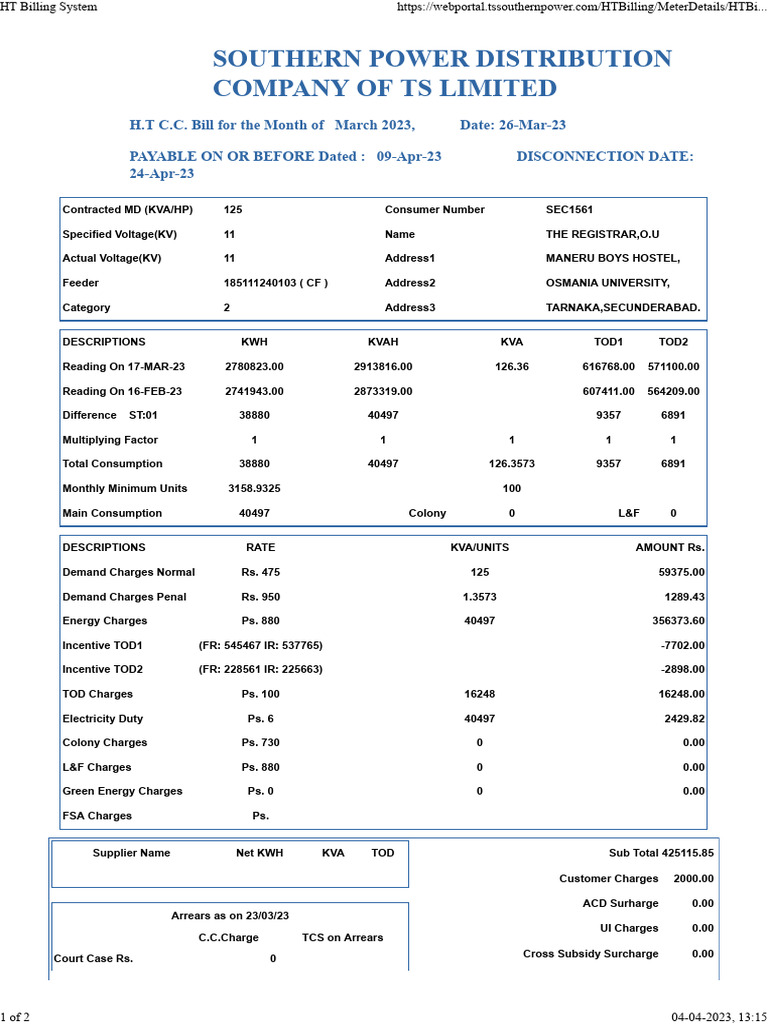 TSSPDCL HT Bill Summary March 2023 | PDF | Economies | Nature