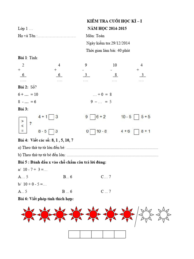 De Kiem Tra Cuoi Ki 1 Mon Toan Lop 1 Nam 2014 2015 | PDF