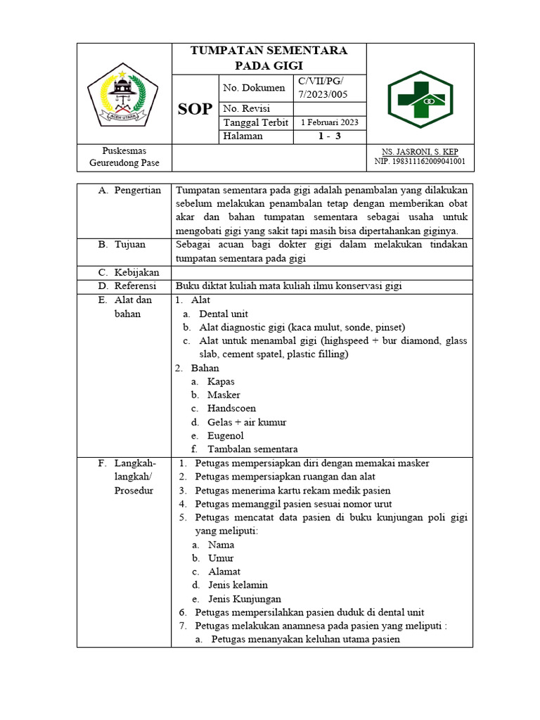 Sop Tumpatan-Sementara-Pada-Gigi Ok | PDF
