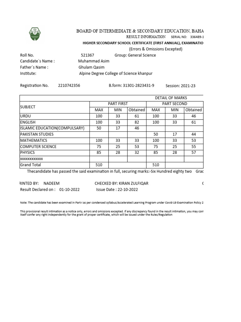Result Card | PDF | Qualifications | Educational Stages