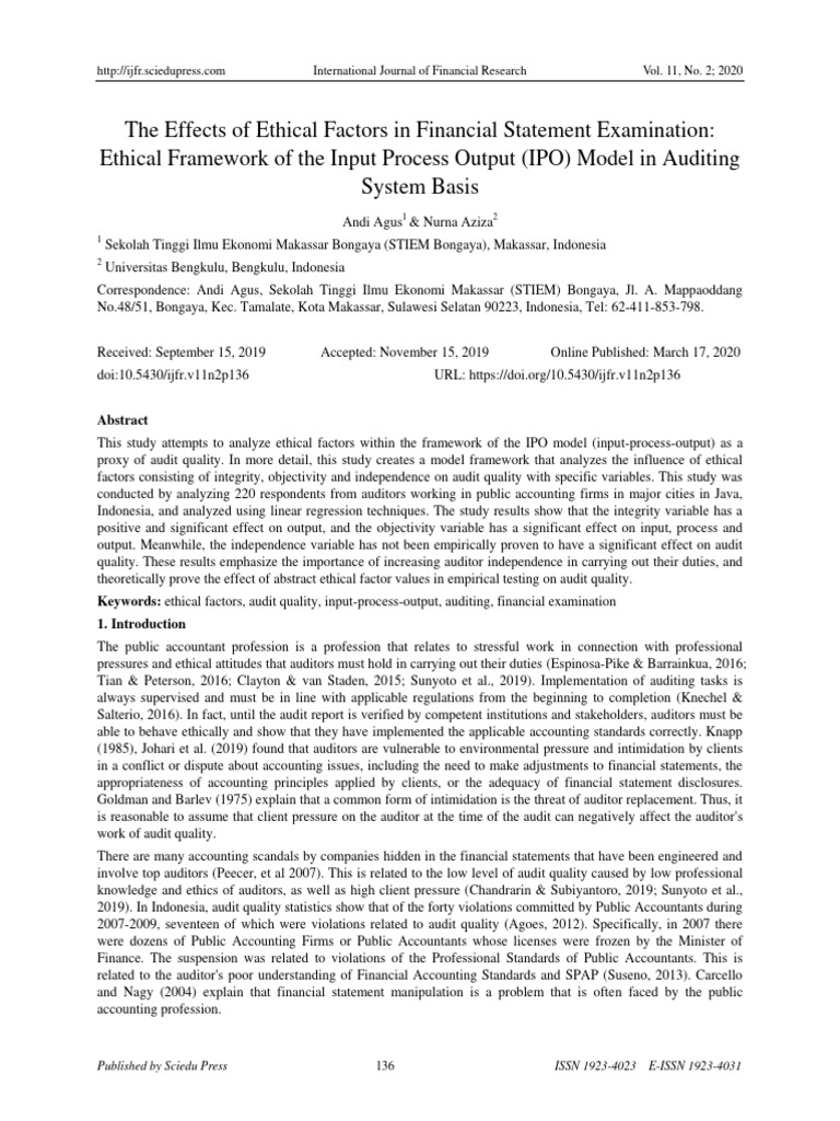 The Effects of Ethical Factors in Financial Statement Examination Ethical Framework of The Input ...