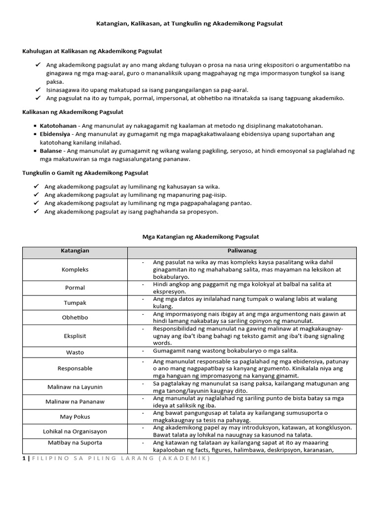 HAND OUT2 Katangian Kalikasan Katangian at Tungkulin NG Akademikong ...
