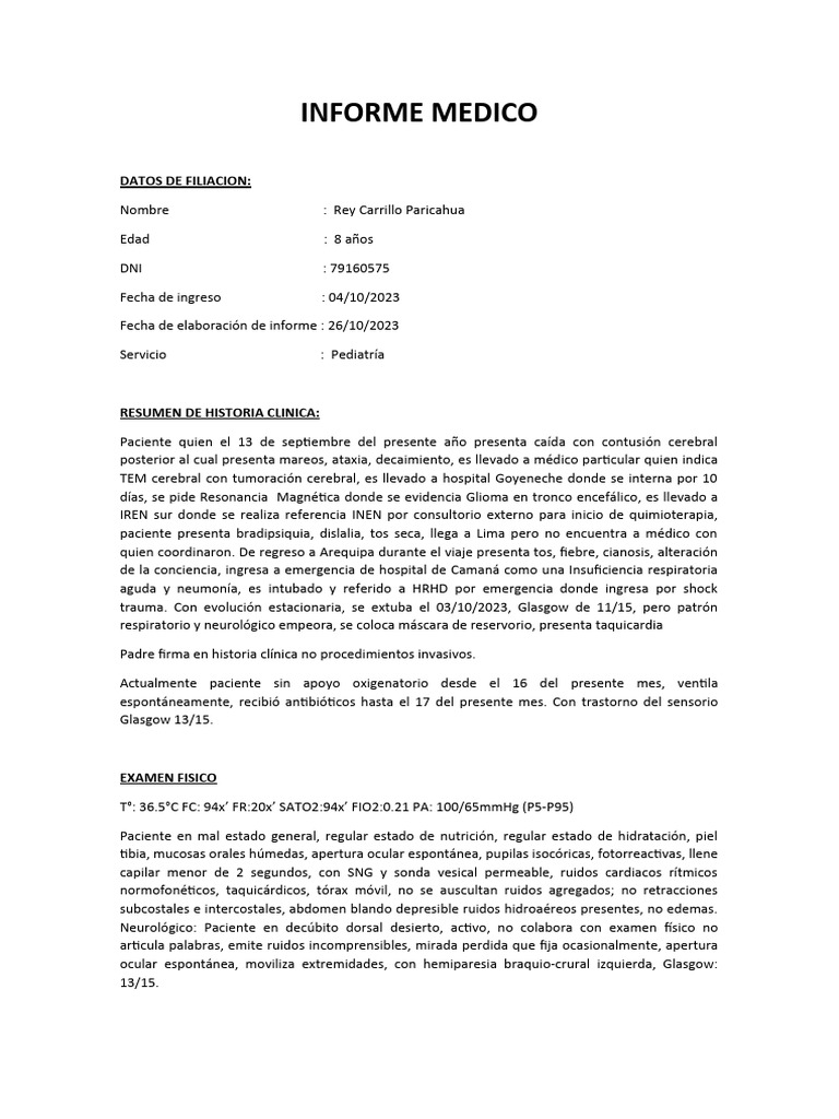INFORME MEDICO REY CARRILLO PARICAHUA (1) Final | PDF | Cuidado de la ...