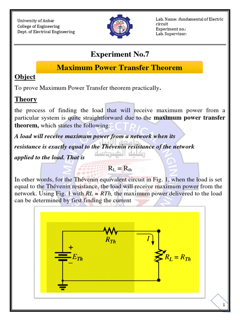 Experiment No.7 Maximum Power Transfer Theorem: Object | PDF | Electrical Network | Resistor