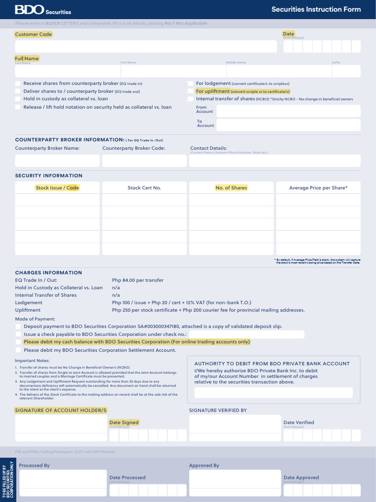 Securities Instructon Form | PDF | Securities (Finance) | Stocks