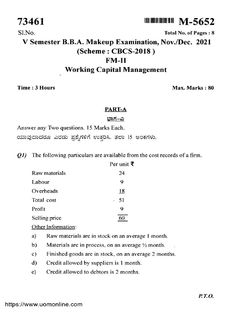 Bba 5 Sem Working Capital Management M 5652 Dec 2021 | PDF