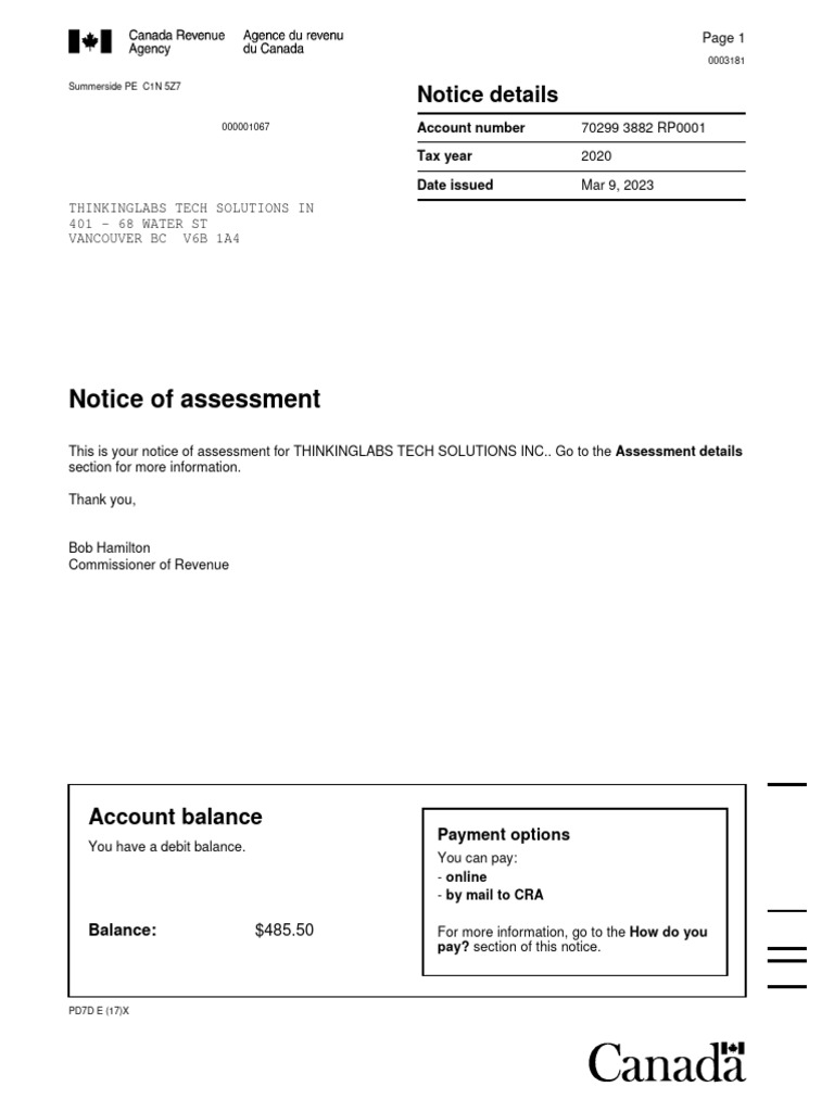 Notice of Assessment PD7D 2023 03 08 22 36 29 051192 | PDF | Debit Card ...