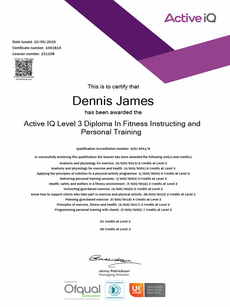 ECertificate (James, Dennis 22-10-1985) (Q) Active IQ Level 3 Diploma ...