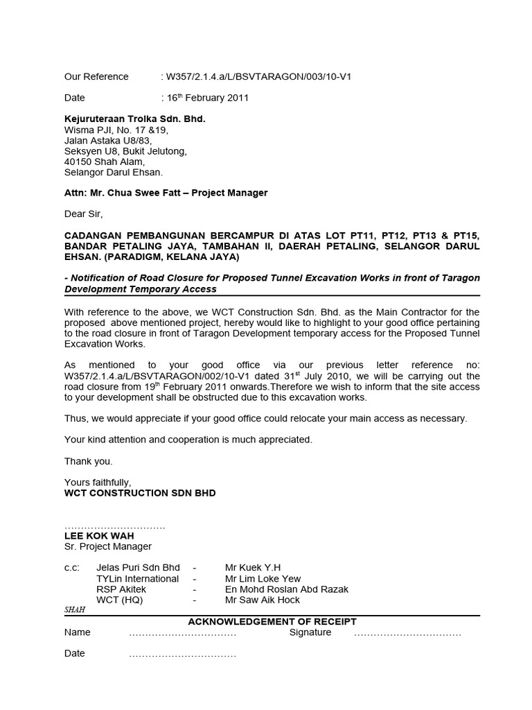 Taragon Letter of Notification Road Road Closure For Tunnel Excavation ...
