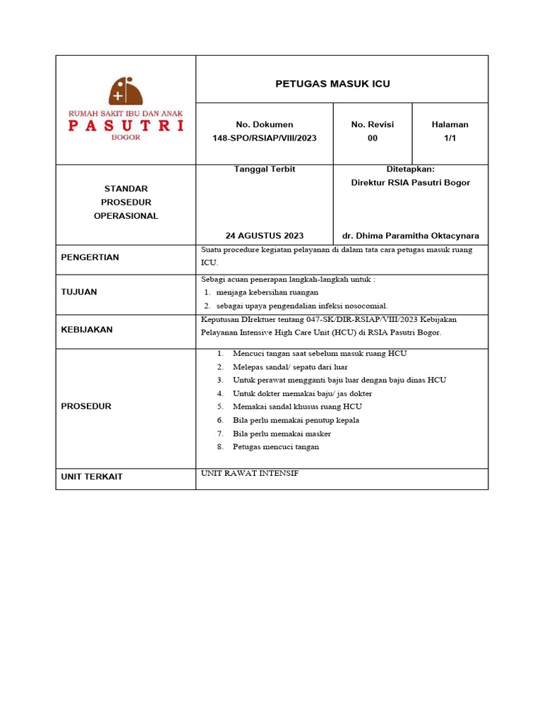 41-Sop Petugas Masuk Hcu | PDF
