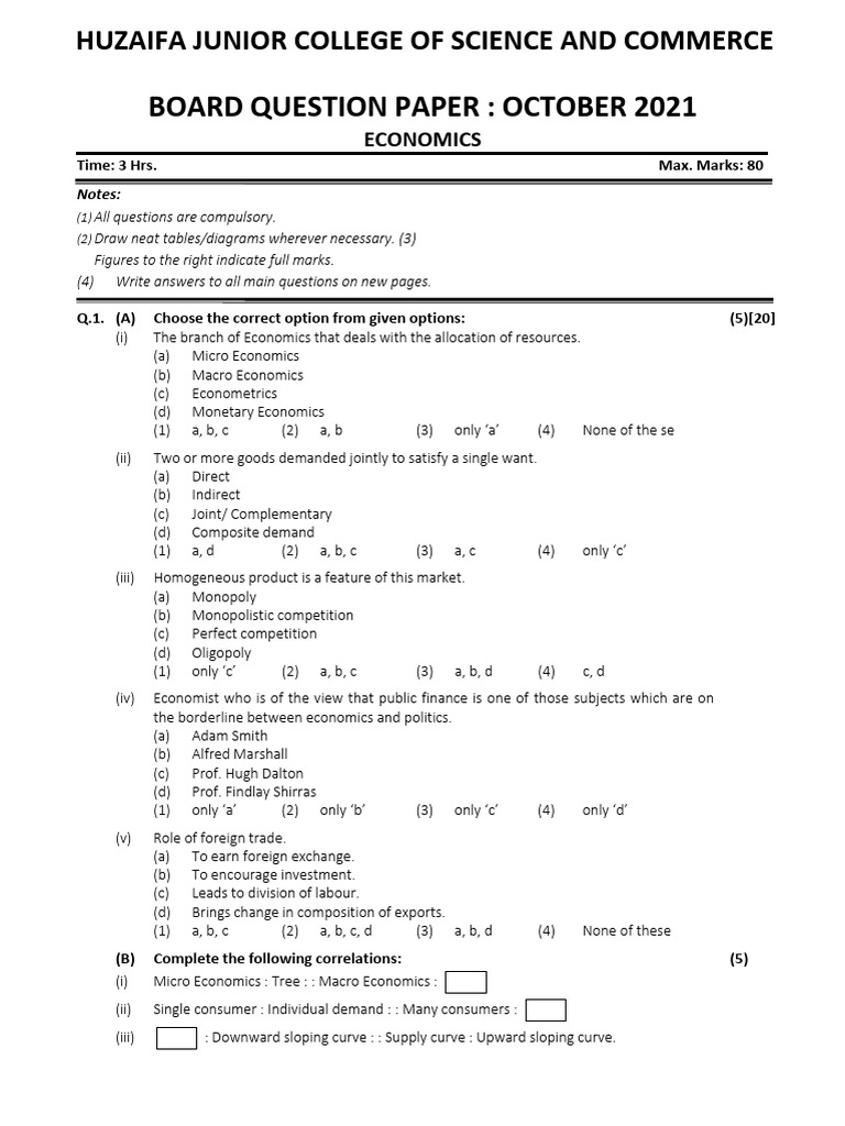 Economics Board Question Paper 2021 | PDF | Demand | Elasticity (Economics)