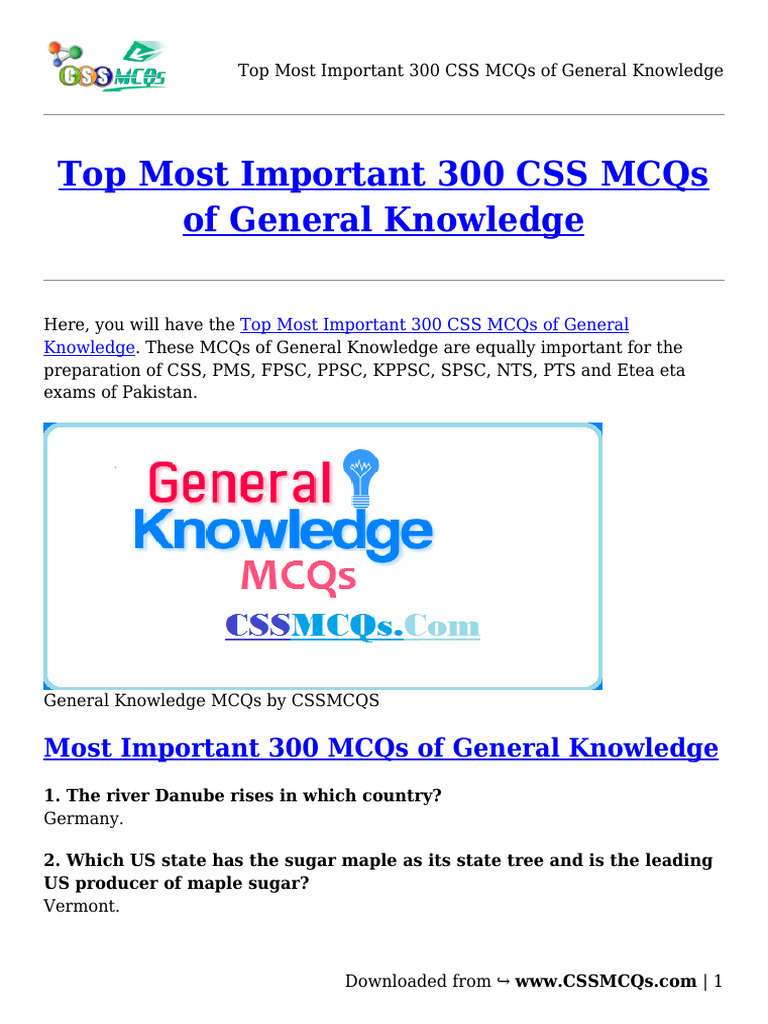 Top Most Important 300 CSS MCQs of General Knowledge | PDF | Travel | Young Adult