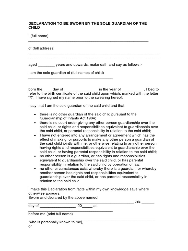Travel Document Declaration For Sole Guardianship | PDF | Child Custody | Passport
