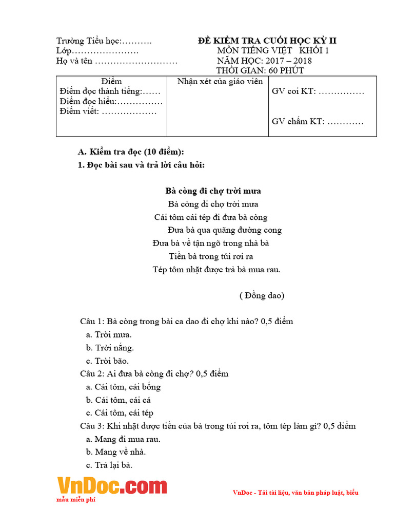 De Thi Hoc Ki 2 Mon Tieng Viet Lop 1 Nam 2017 2018 Theo TT 22 | PDF