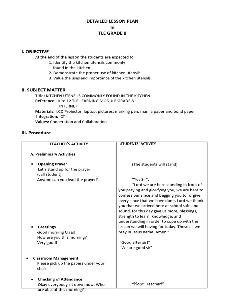 JAYJAYDetailed-Lesson-Plan-in-Tle-Grade-8-1 | PDF | Kitchen | Kitchen Utensil