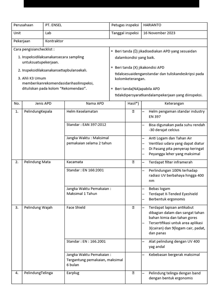 Laporan Inspeksi APD PT. ENSEL | PDF