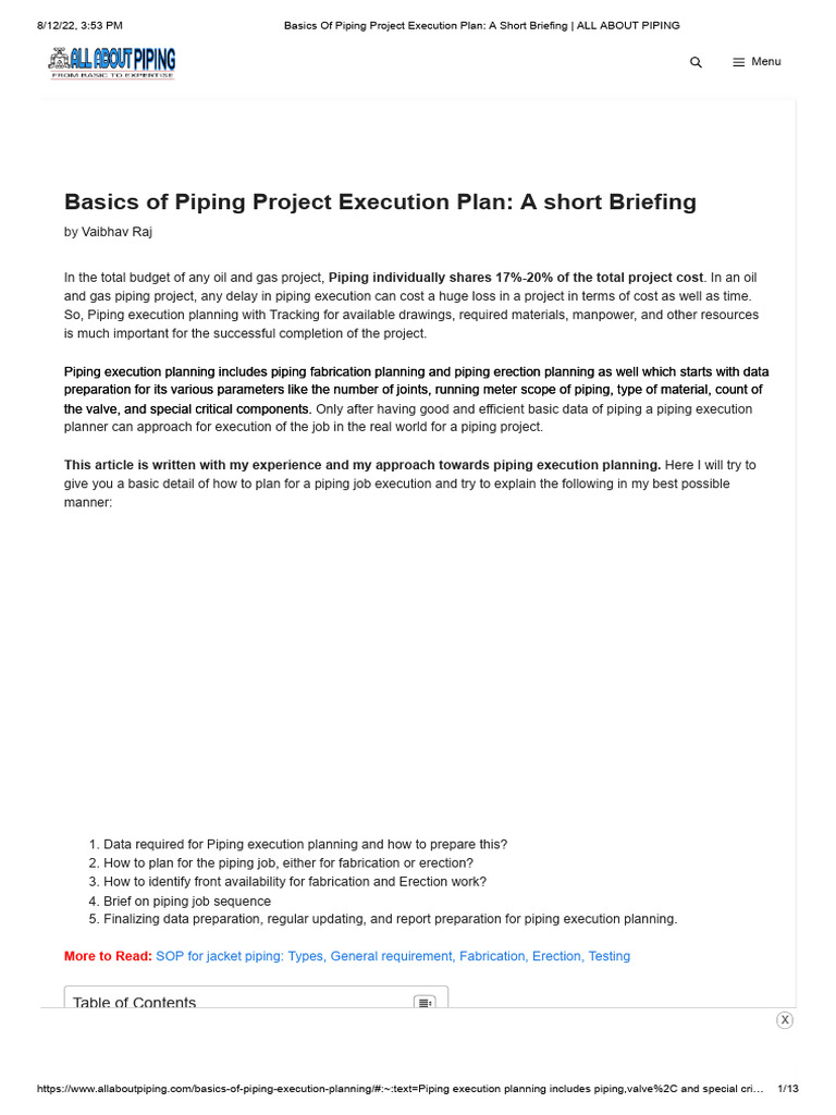 Basics of Piping Project Execution Plan - A Short Briefing - ALL ABOUT PIPING | Download Free ...
