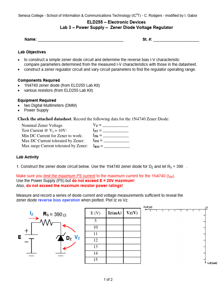 3 - ELD255 - Lab 3 - Zener Diode Voltage Regulator | PDF | Diode | Electronic Engineering