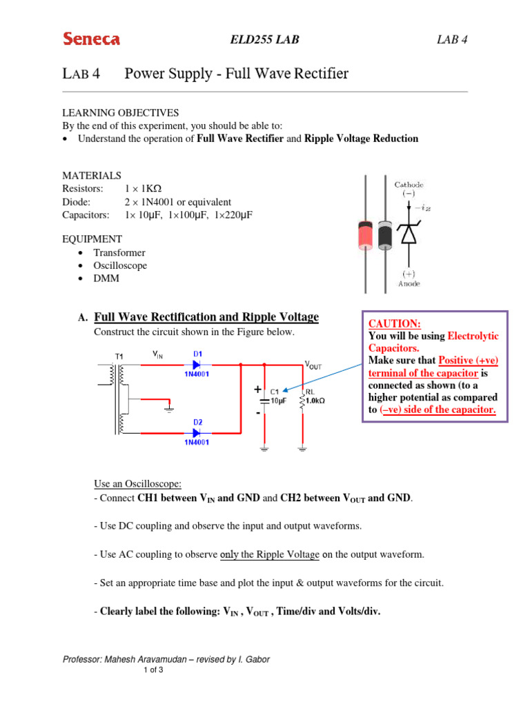 4_ELD255_Lab 4 - Full Wave Rectifier__Sep-28-18=== | PDF | Rectifier | Capacitor