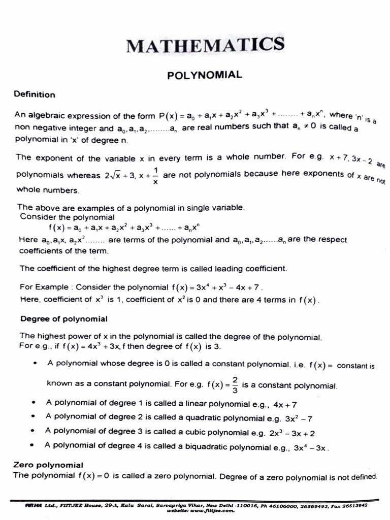 Fiitjee Polynomials Rmo, Nsejs Theory+Questions | PDF | Polynomial | Algebra