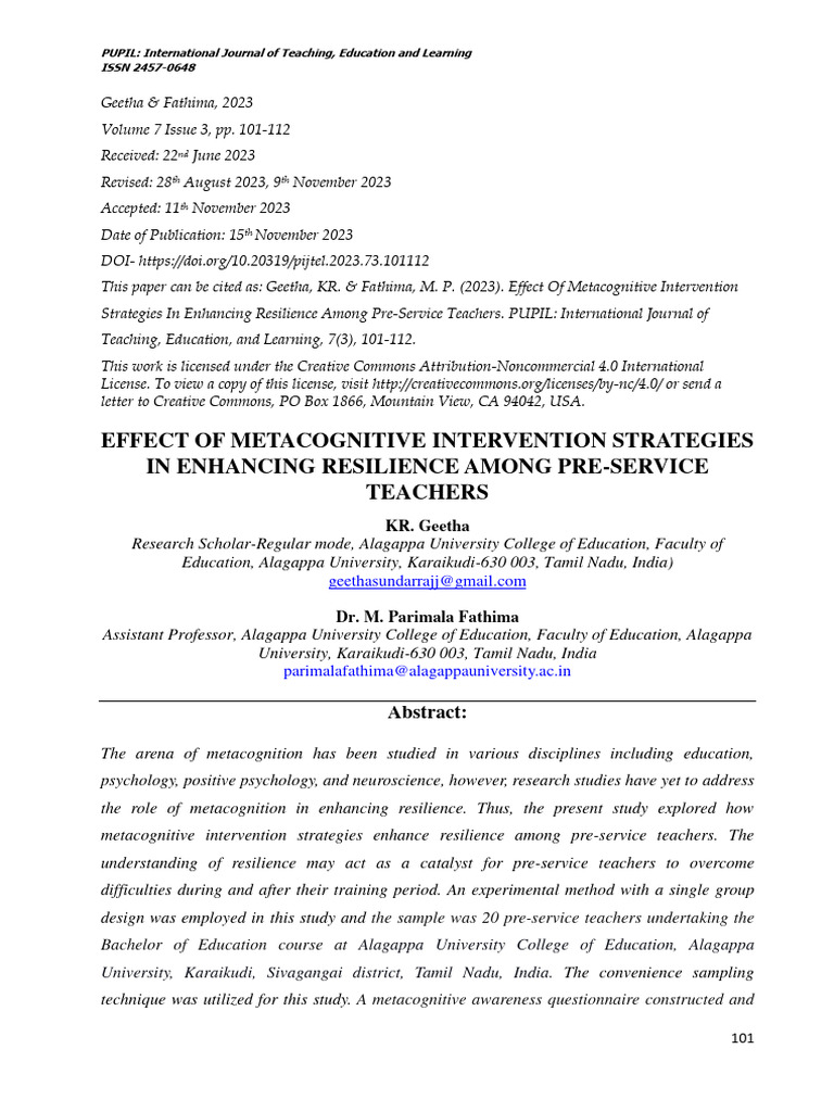 Effect of Metacognitive Intervention Strategies in Enhancing Resilience Among Pre-Service ...