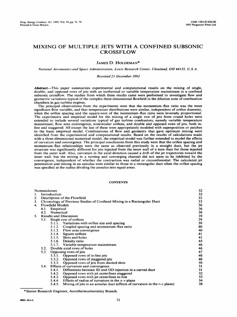 Mixing of Multiple Jets With A Confined Subsonic Crossflow | PDF | Jet Engine | Curvature