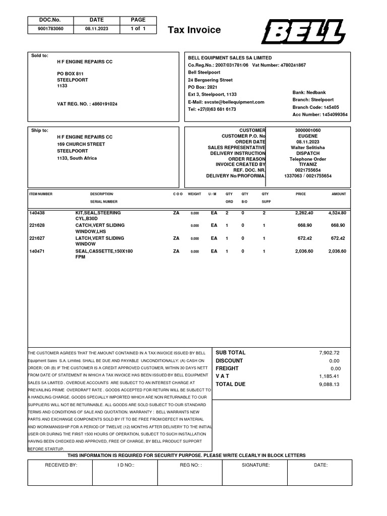 Bell Parts Invoice | PDF | Invoice | Money