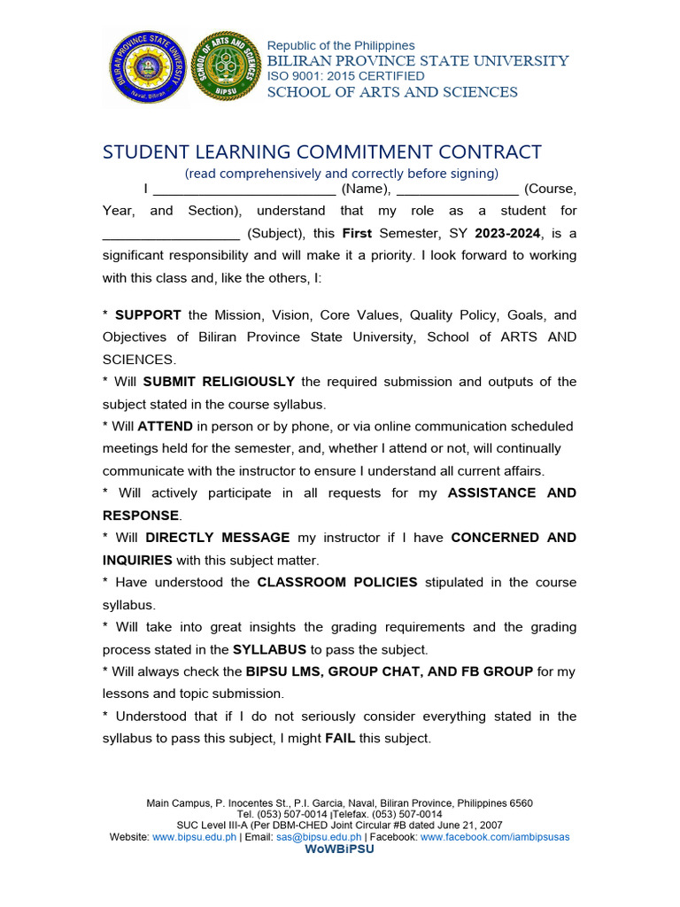Student Learning Commitment Contract | PDF | Learning | Human Communication