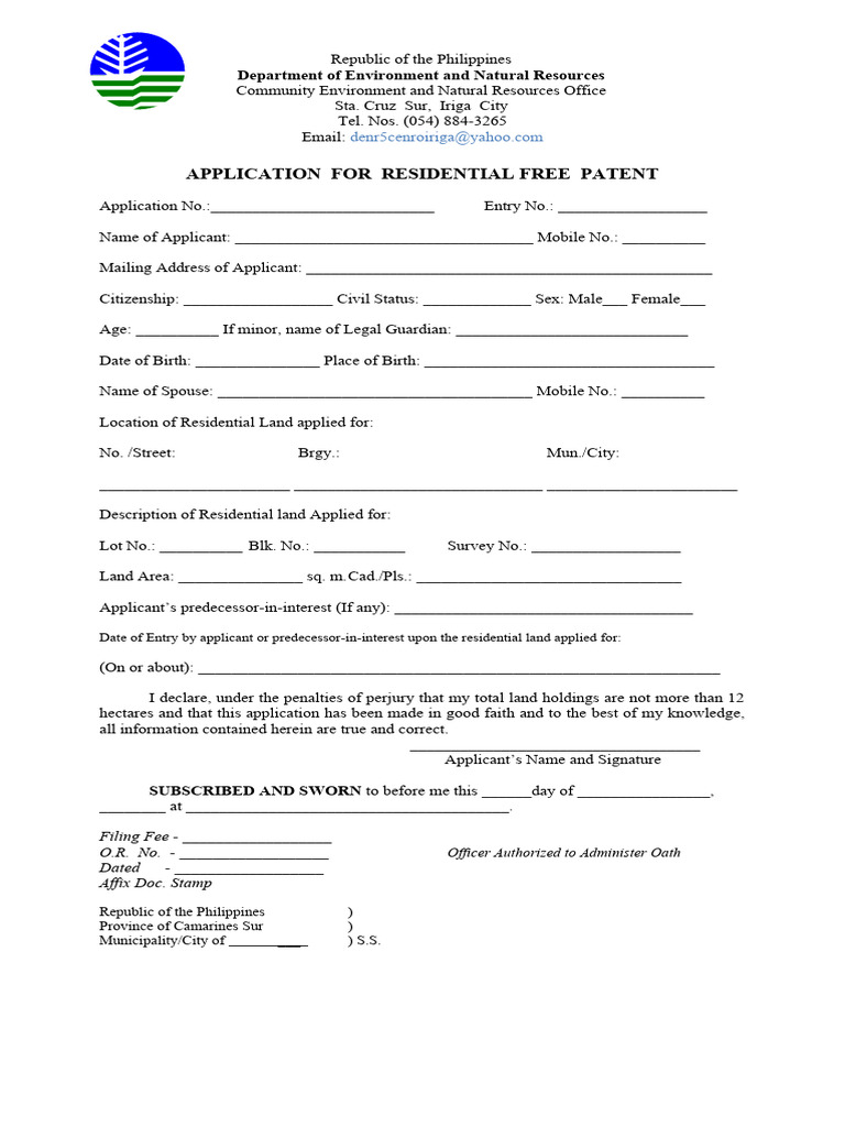 Residential Free Patent Application Form | PDF | Affidavit | Government