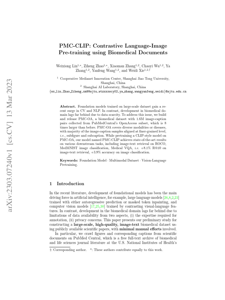 PMC-CLIP - Contrastive Language-Image Pre-Training Using Biomedical Documents | PDF ...