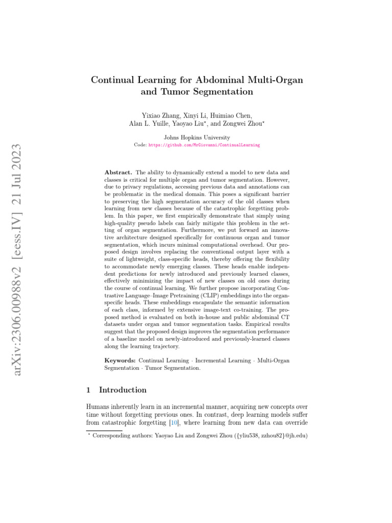 Continual Learning For Abdominal Multi-Organ and Tumor Segmentation | Download Free PDF | Image ...