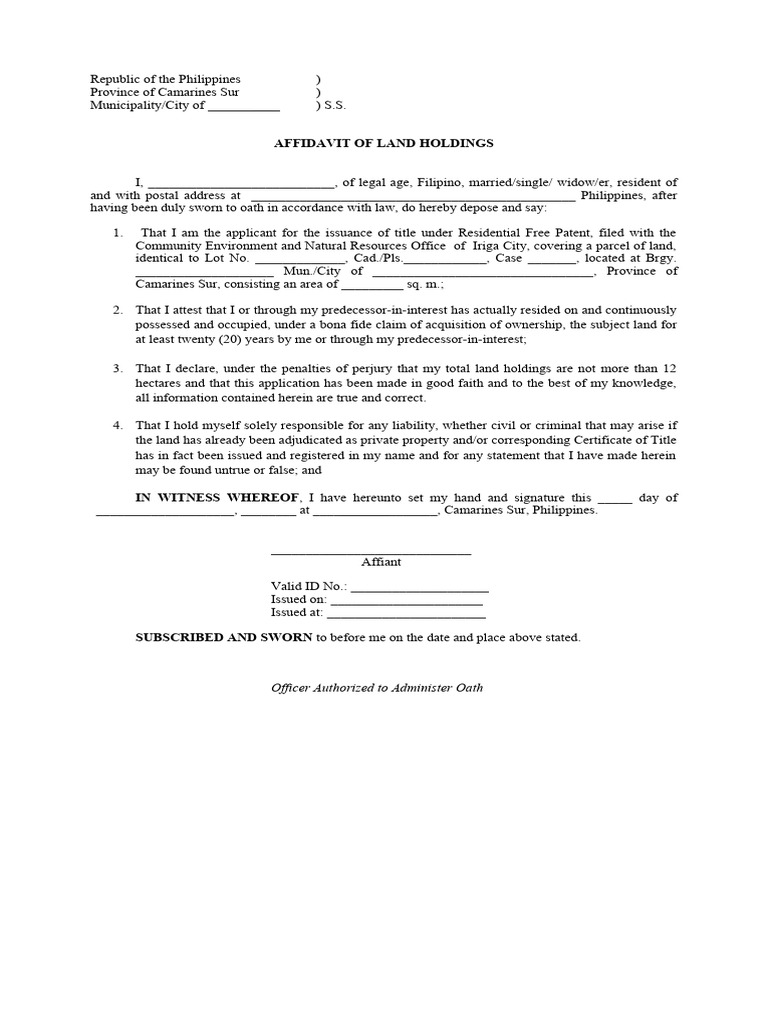 Affidavit of Land Holdings | PDF