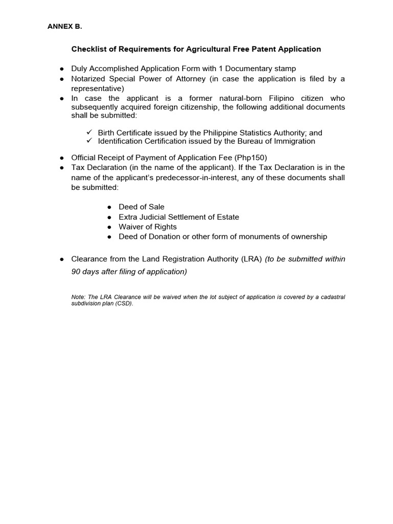 Annex B. Checklist of Requirements For Agricultural Free Patent Application Final 01312022 | PDF