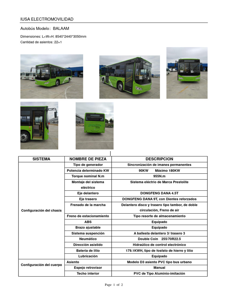 Autobús Eléctrico BALAAM: Especificaciones Técnicas | PDF | Autobús | Transporte privado