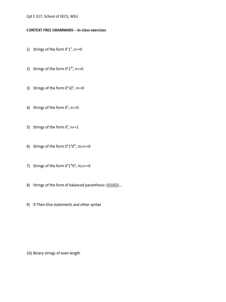 CFG Inclass Exercises | PDF