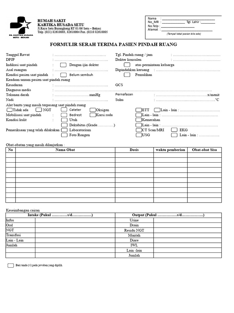 003AB Formulir Serah Terima Pasien Pindah Ruang | PDF