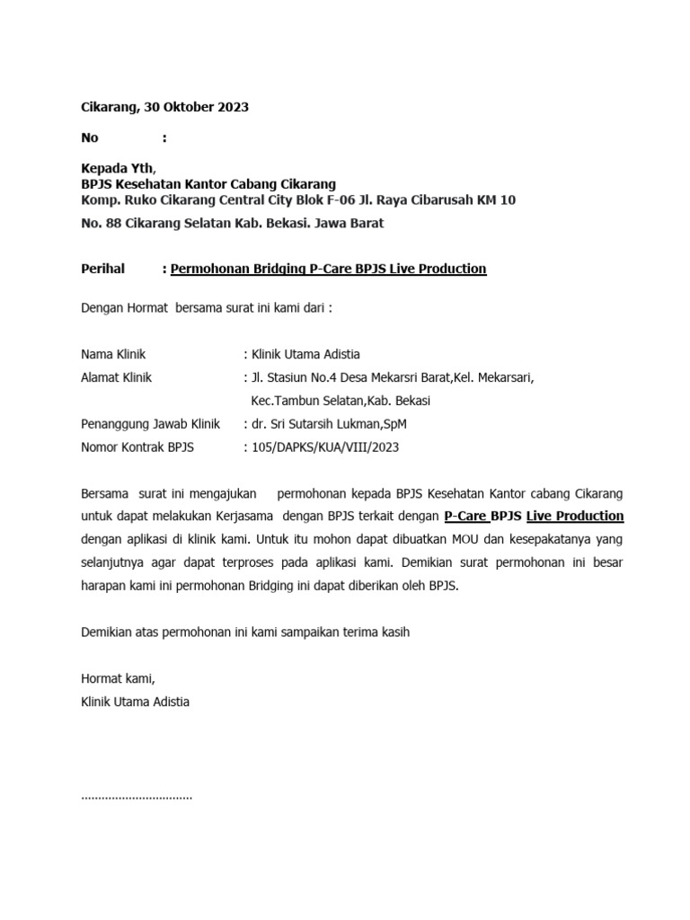 Surat Permohonan Bridging P-Care BPJS | PDF