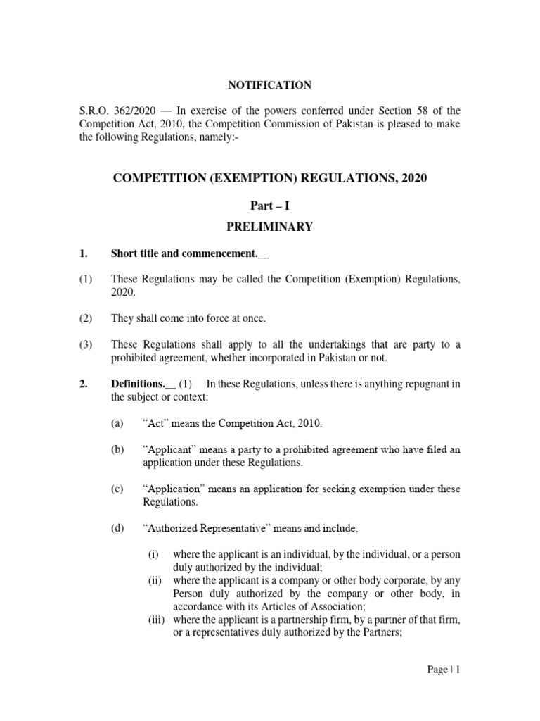 Competition Exemption Regulations 2020 | PDF | Regulatory Compliance ...