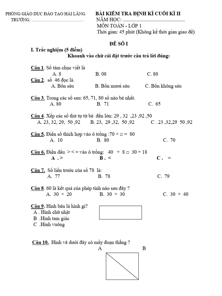 De Thi Toan Cuoi Ki Ii Lop 1 | PDF