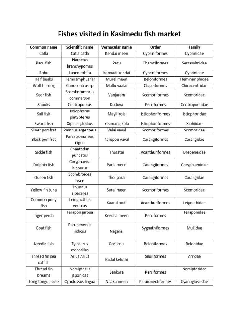 Fish Varieties at Kasimedu Market | PDF | Vertebrates | Aquatic Animals