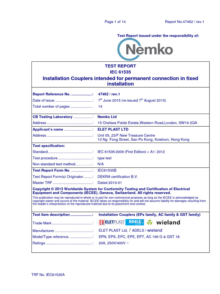 Nemko-47462-Elet-Plast TEST REPORT 61535 | PDF | Electrical Connector ...