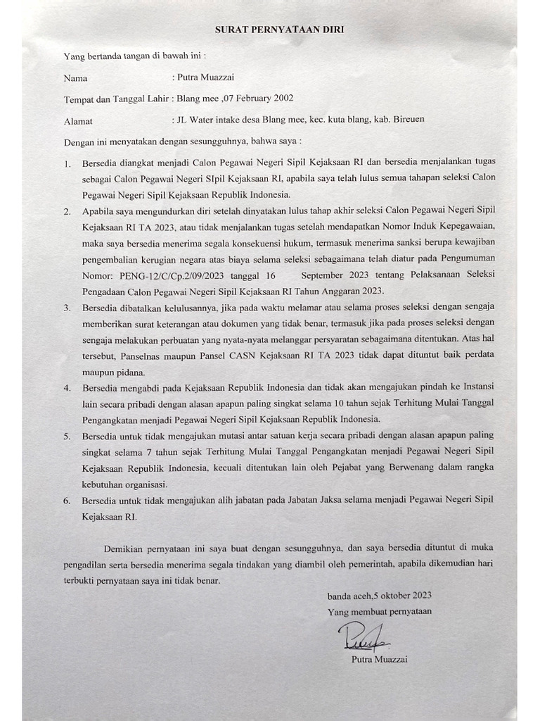 Surat Pernyataan Diri Scan | PDF