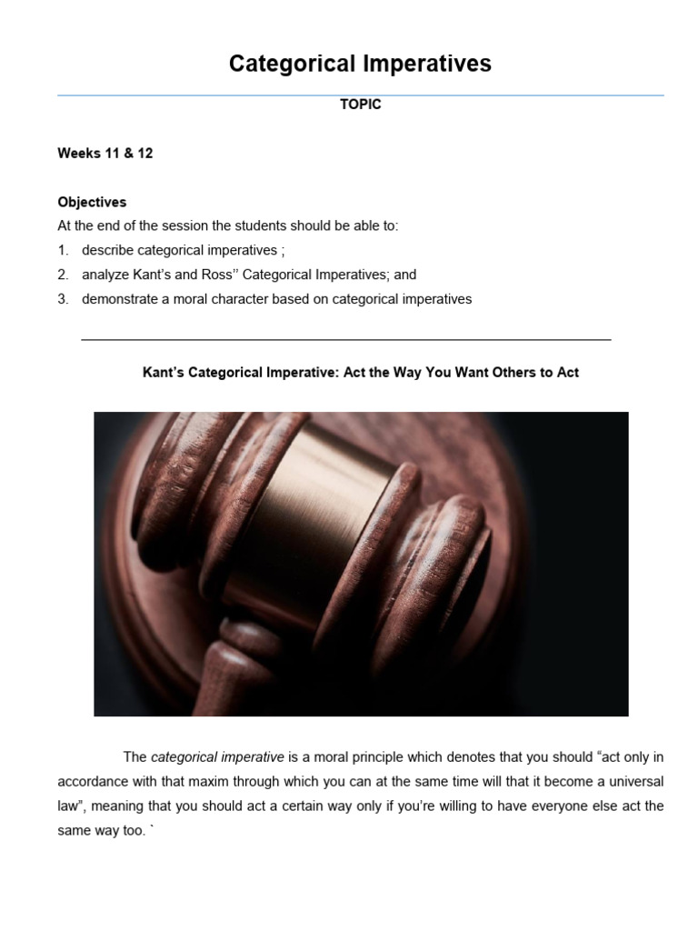 Wks 11 12 Categorical Imperatives | PDF | Immanuel Kant | Philosophical Theories