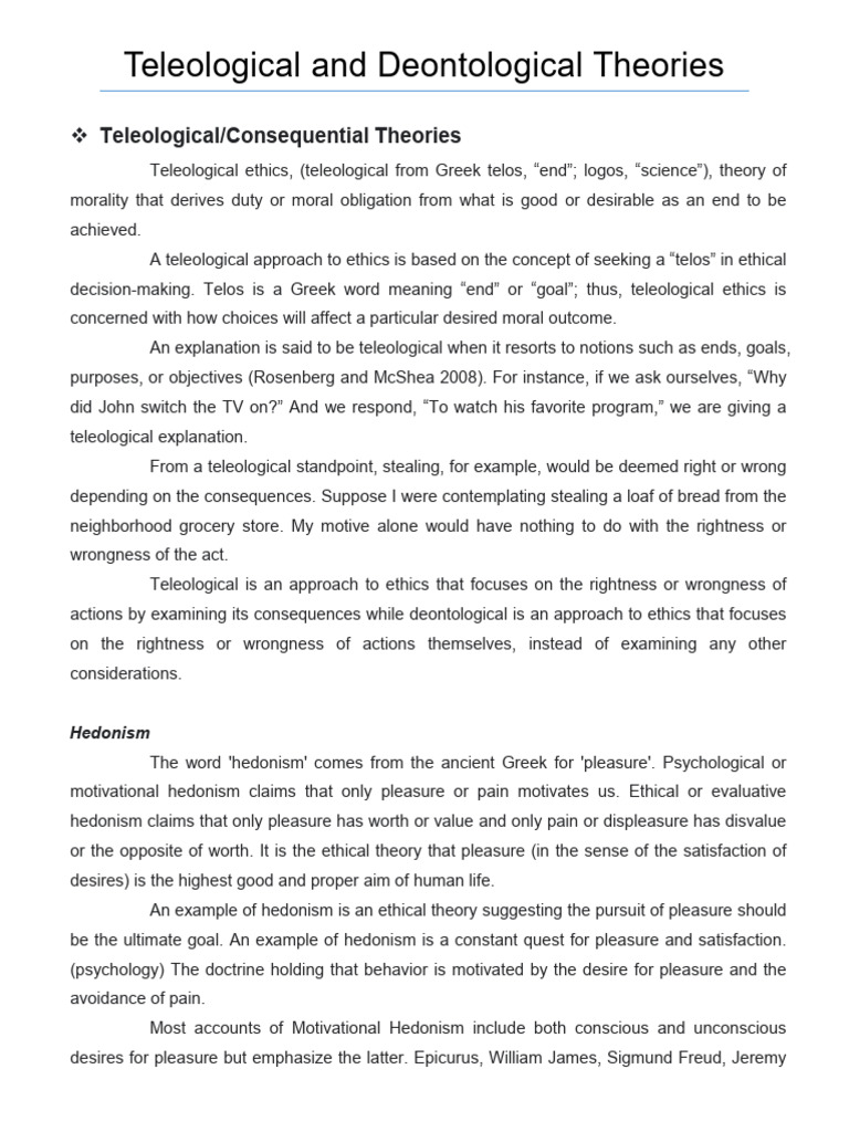 Ethics: Teleology vs. Deontology | PDF | Hedonism | Utilitarianism