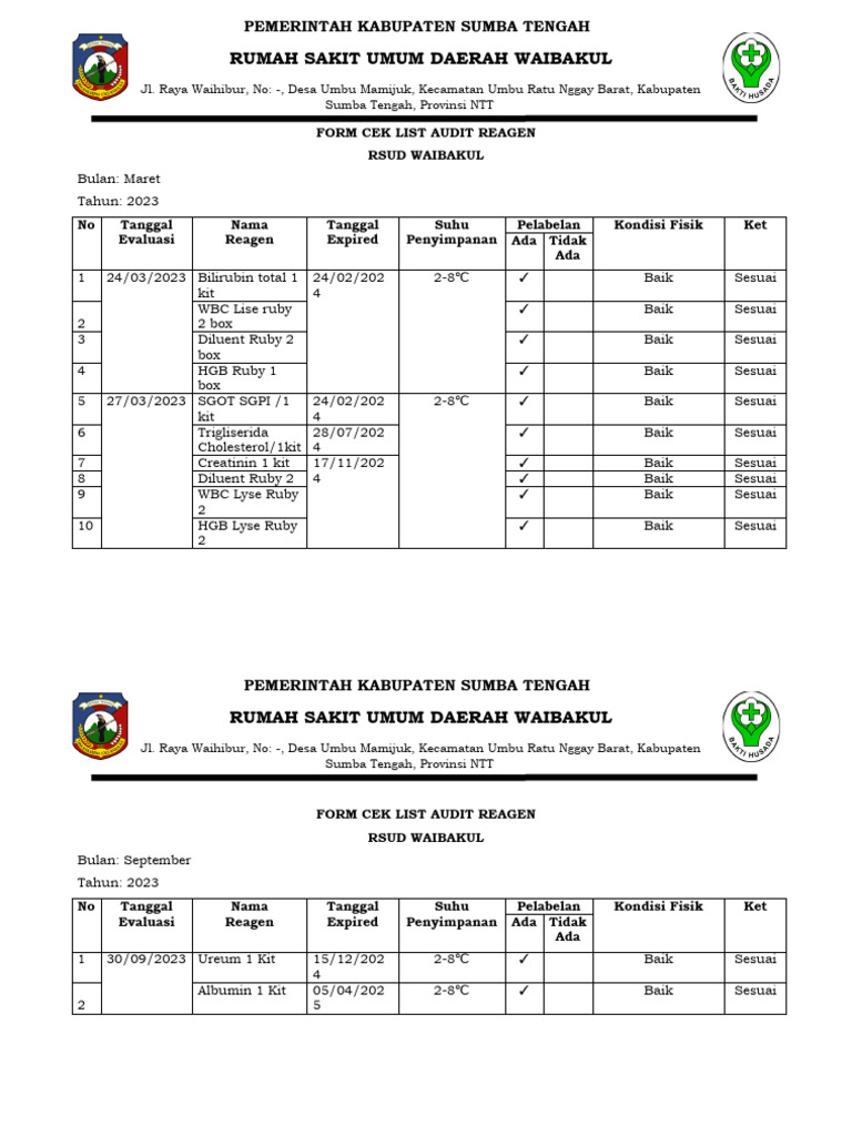 Form Cek List Audit Reagen | PDF